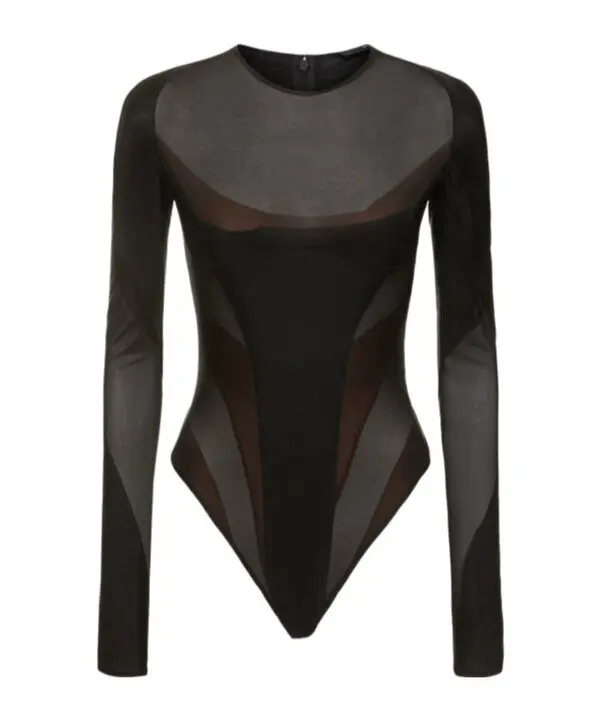 MUGLER Long Sleeve Mesh Bodysuit - Black
