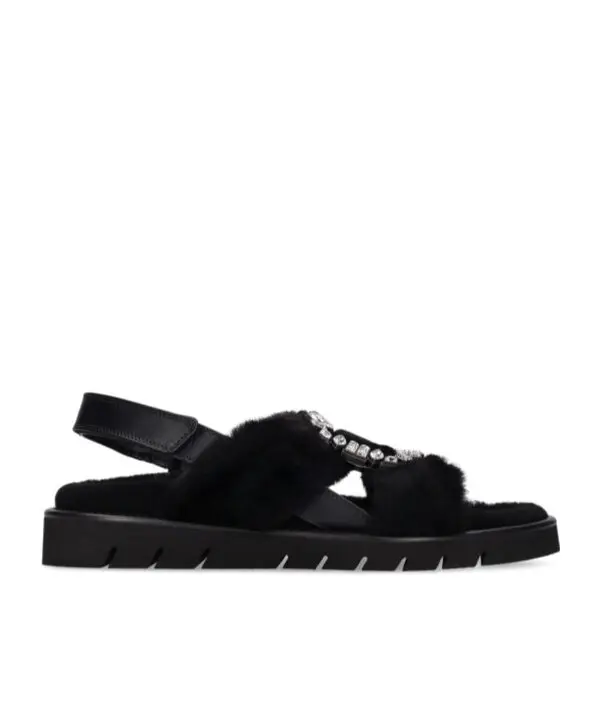 ROGER VIVIER Embellished Fur Slingback Sandals