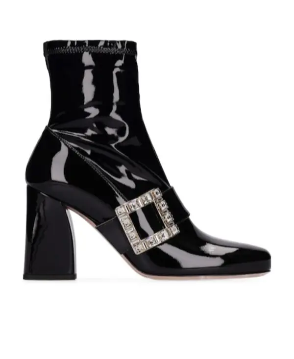ROGER VIVIER Très Vivier Patent Leather Ankle Boots With Crystal Buckle