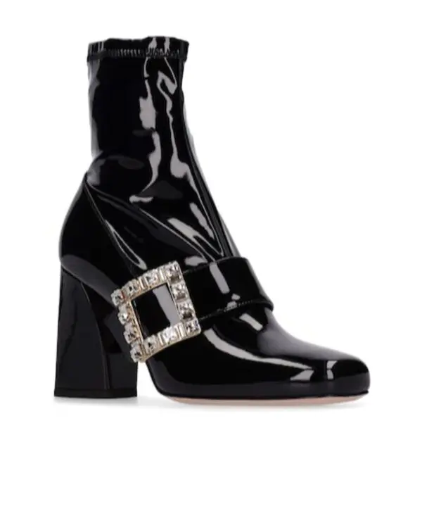 ROGER VIVIER Très Vivier Patent Leather Ankle Boots With Crystal Buckle