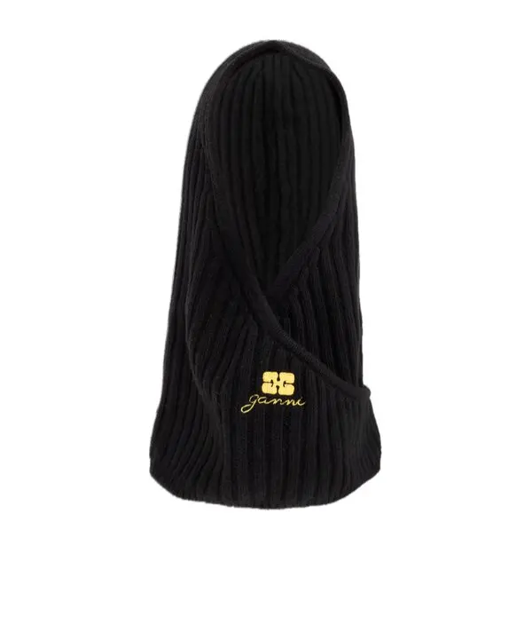 GANNI Logo-embroidered Ribbed Balaclava - Black