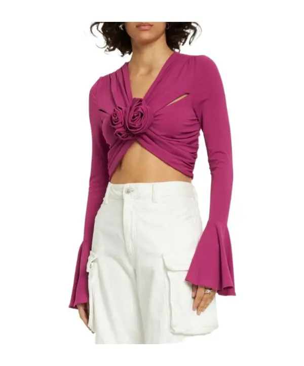 Magda Butrym Draped Jersey Long Sleeve Top With Flower Appliqués