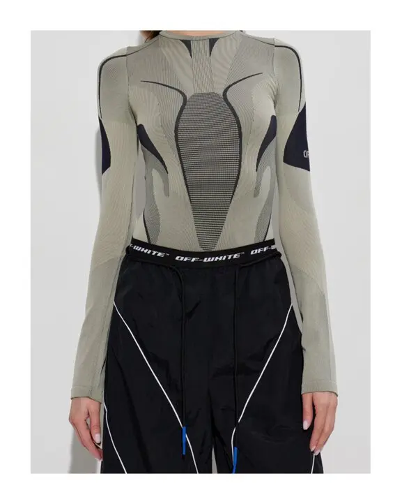Off-White Seamless Long Sleeve Bodysuit With Geometric Paneling