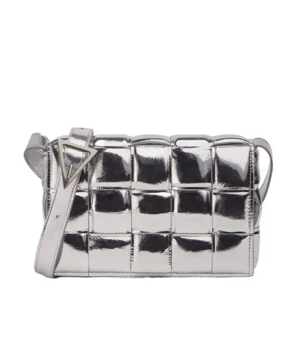 Bottega Veneta Cassette Logo Padded Shoulder Bag - Silver