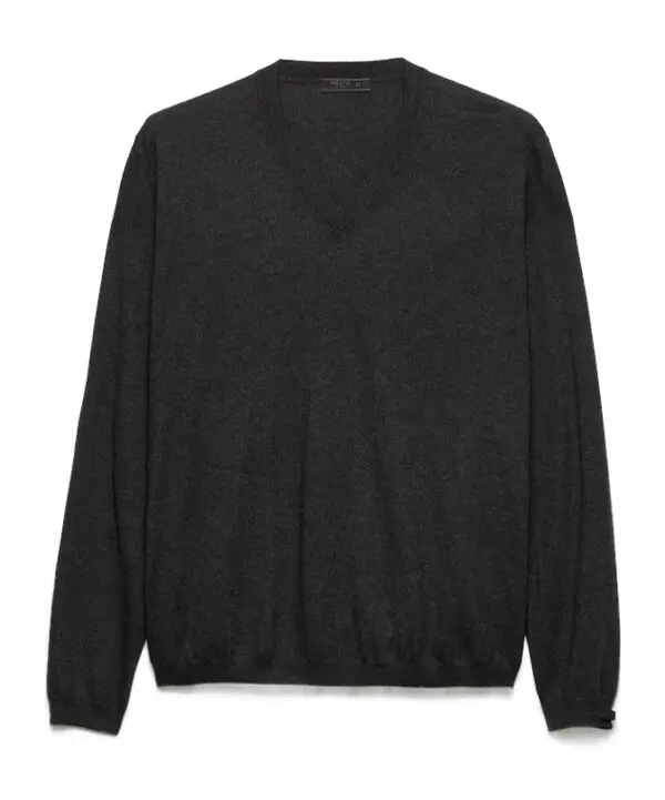 Prada Ribbed V-neck Sweater - Bituminous Ash Free