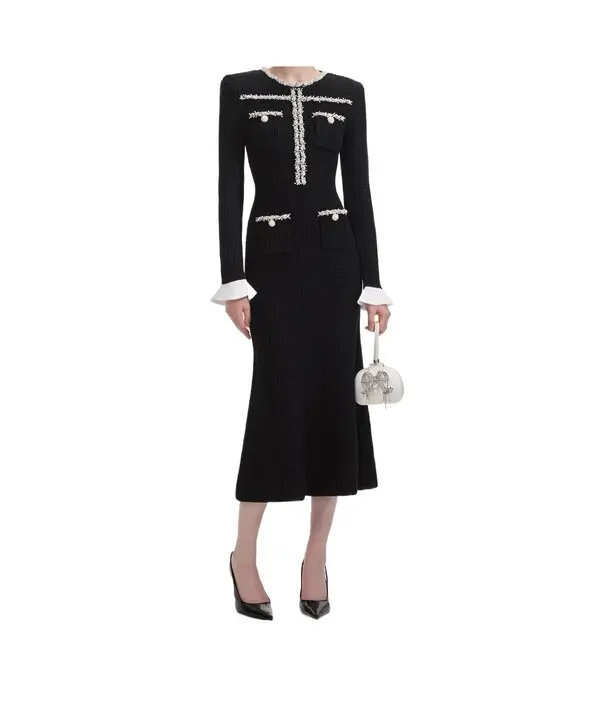 SELF-PORTRAIT Pearl-trim Knit Midi Dress