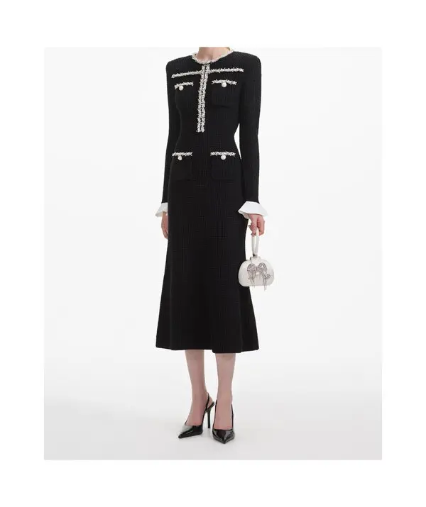 SELF-PORTRAIT Pearl-trim Knit Midi Dress