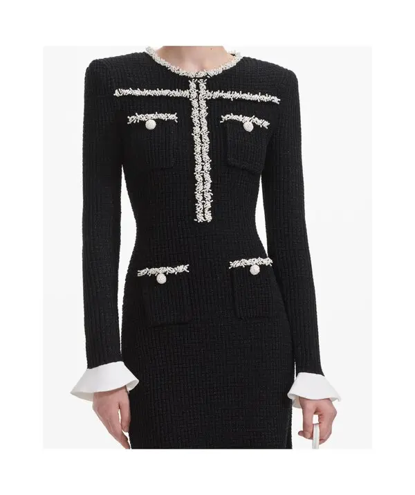 SELF-PORTRAIT Pearl-trim Knit Midi Dress