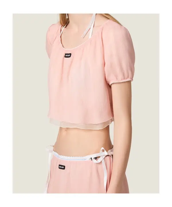 Miu Miu Cropped Chiffon Top With Scalloped Trim