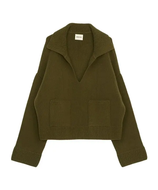 Khaite Long Sleeve Sweater With Lapels And Pockets - Green