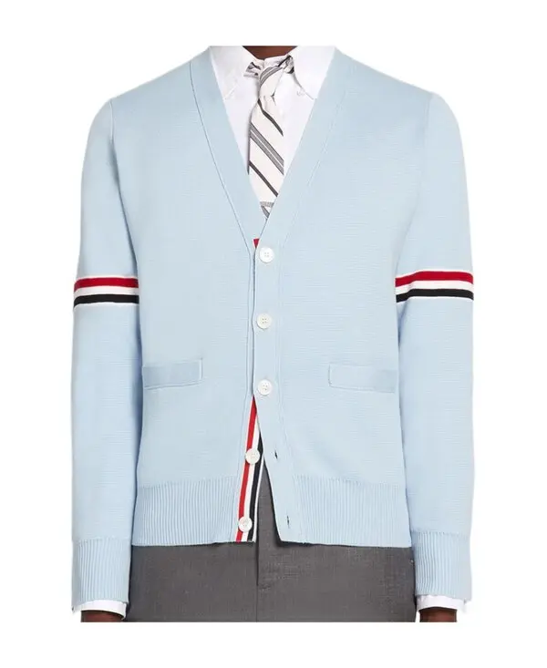 Thom Browne V-neck Cardigan With Striped Detail - Light Blue
