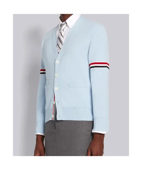 Thom Browne V-neck Cardigan With Striped Detail - Light Blue