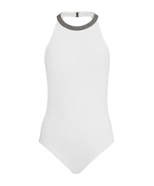 Brunello Cucinelli Techno-jersey Bathing Suit With Embellished Collar - White