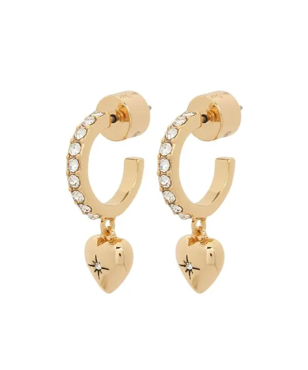 COACH Gold Tone Heart Shaped Dangle Earrings With Crystal Embellishments - Yellow