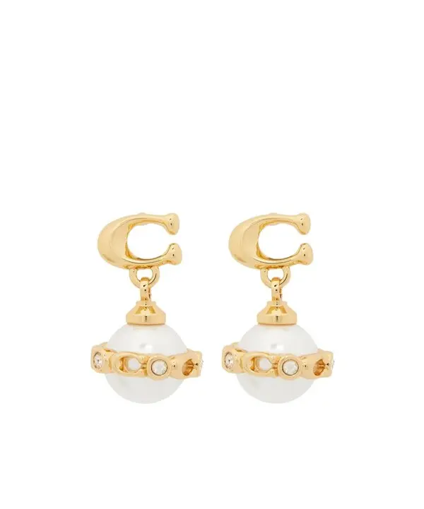 COACH Pearl Pendant Earrings With Logo Detail - Yellow