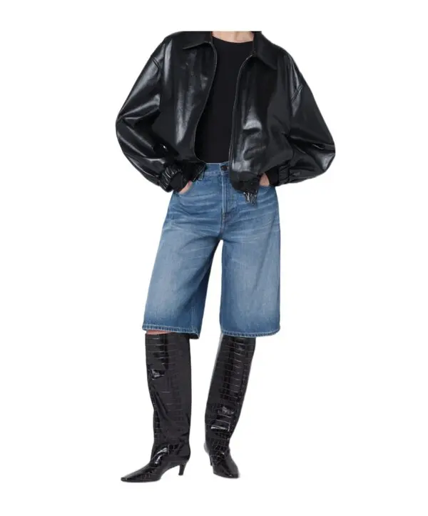 HAIKURE Long Denim Bermuda Shorts With Distressed Effect