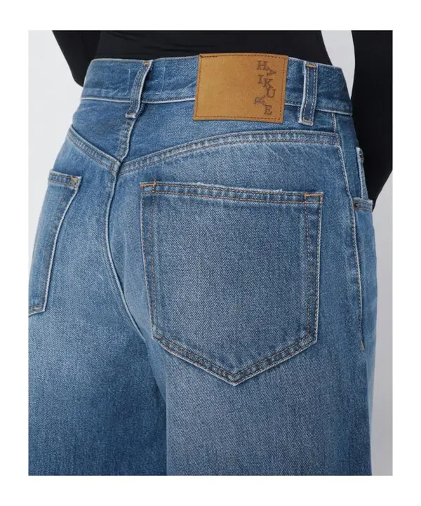 HAIKURE Long Denim Bermuda Shorts With Distressed Effect