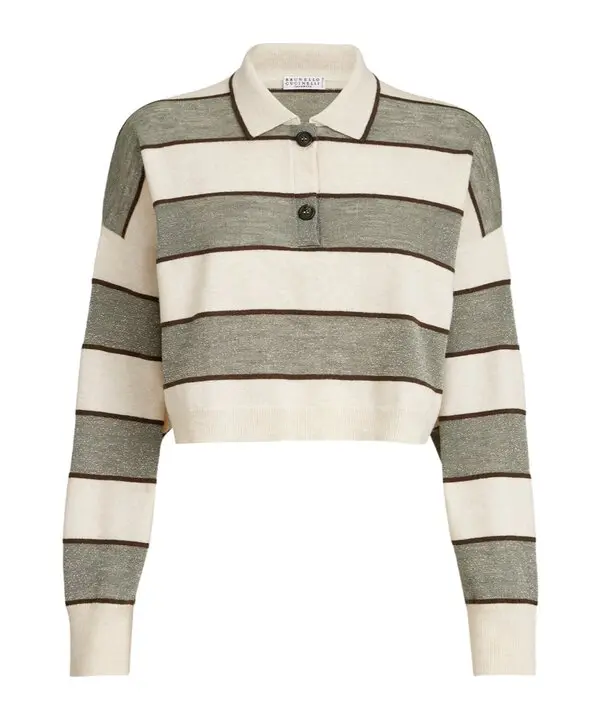 Brunello Cucinelli Sparkling Striped Cropped Knit Polo Shirt - Sage