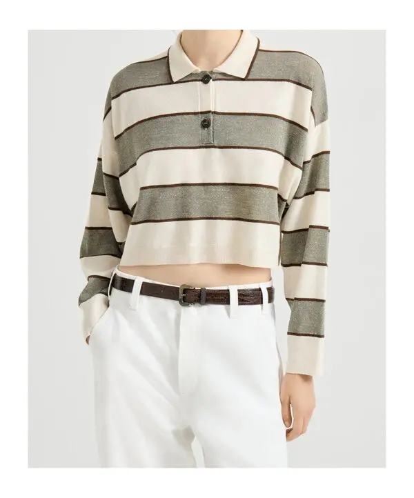Brunello Cucinelli Sparkling Striped Cropped Knit Polo Shirt - Sage