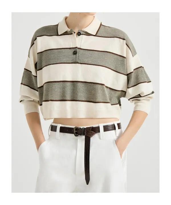 Brunello Cucinelli Sparkling Striped Cropped Knit Polo Shirt - Sage