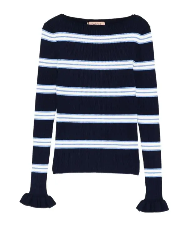 TWINSET Striped Knitted Sweater With Ruffled Cuffs - Black
