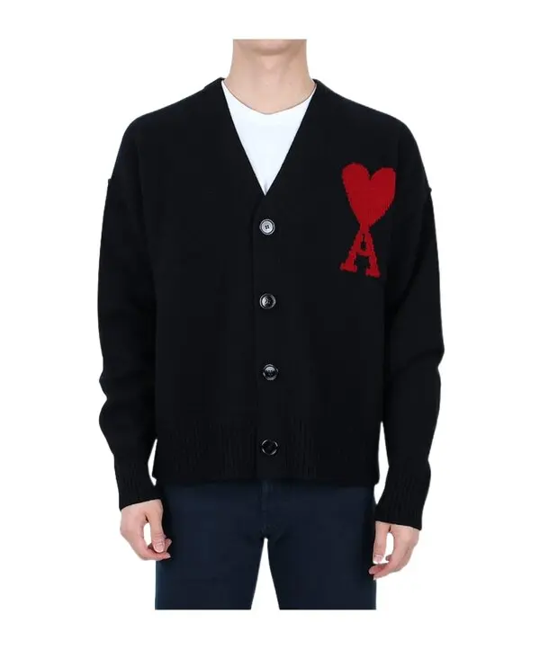 Ami V-neck Cardigan With Heart Logo