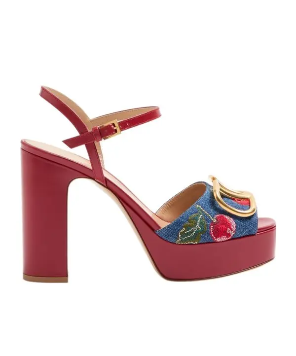 Valentino Garavani Vlogo Signature Platform Denim Sandal With Cherryfic Embroidery 115mm - Red