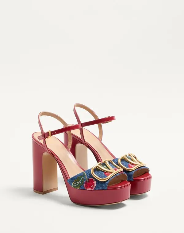 Valentino Garavani Vlogo Signature Platform Denim Sandal With Cherryfic Embroidery 115mm - Red