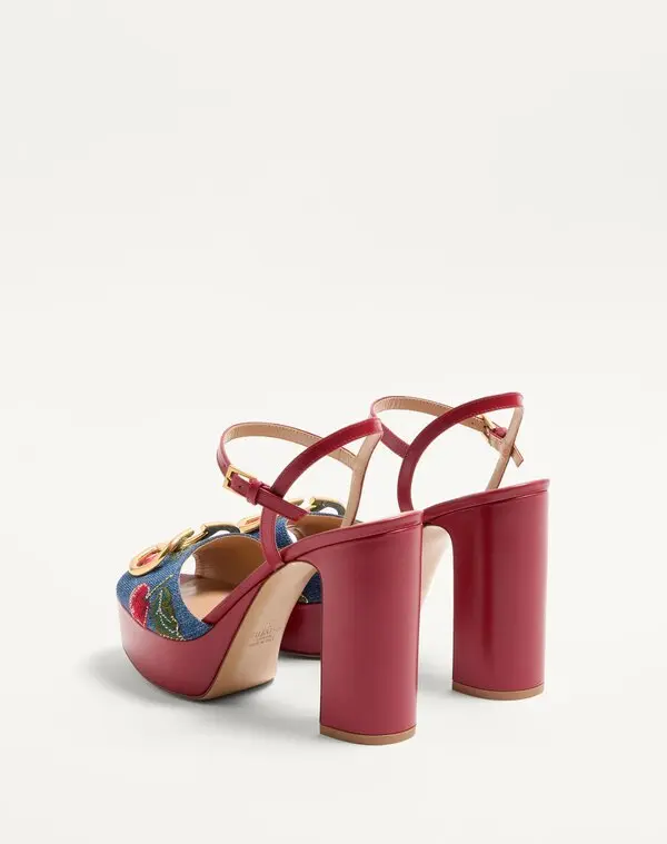Valentino Garavani Vlogo Signature Platform Denim Sandal With Cherryfic Embroidery 115mm - Red