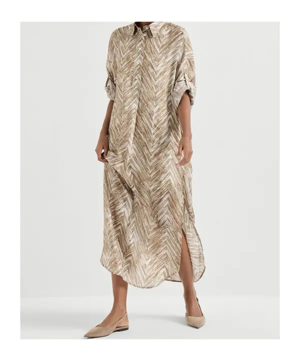 Brunello Cucinelli Chevron-print Silk Shirt Dress - Nude