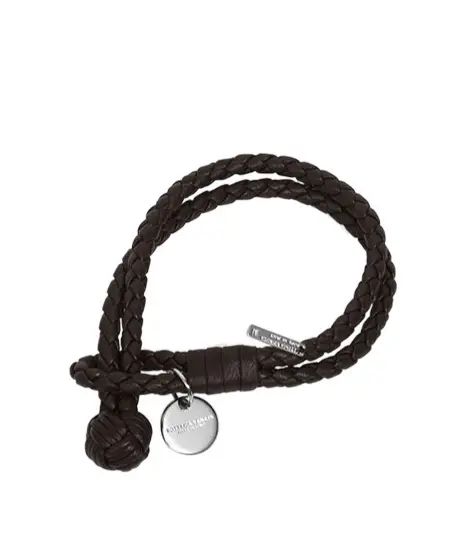 Bottega Veneta Braided Leather Bracelet With Logo Plaque - Black