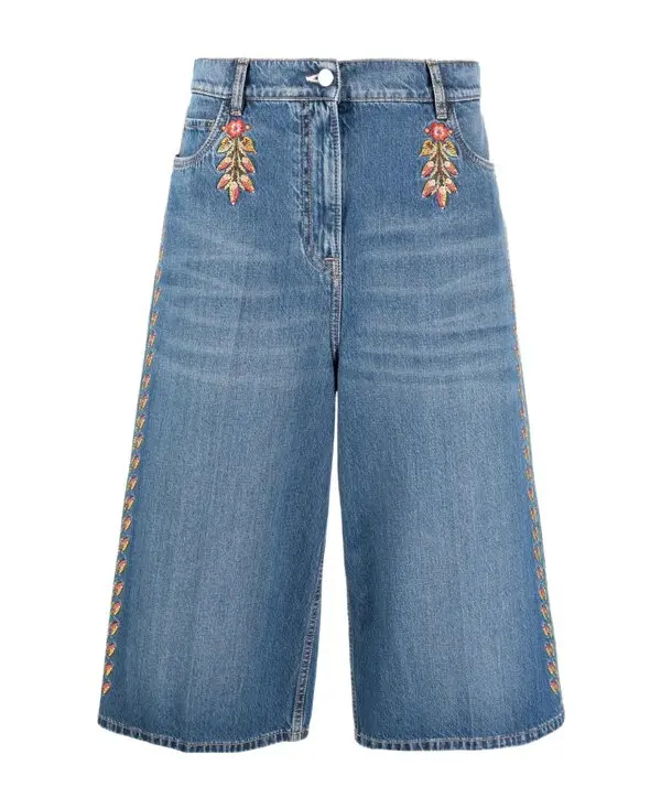 Etro Floral Embroidered Wide-leg Denim Culottes