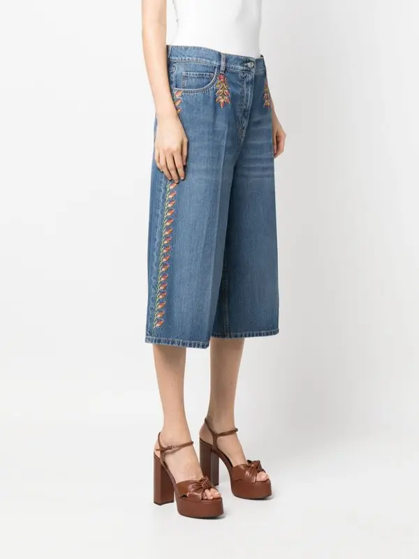 Etro Floral Embroidered Wide-leg Denim Culottes