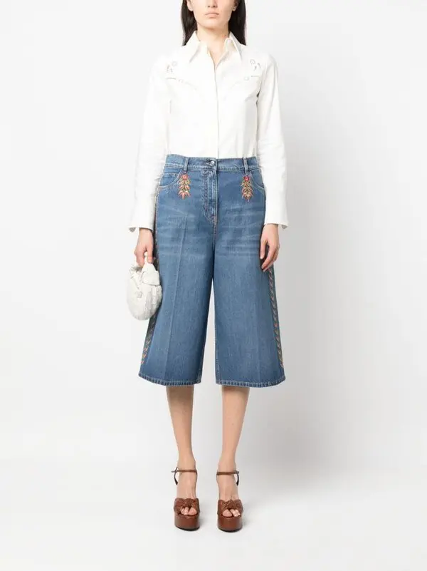 Etro Floral Embroidered Wide-leg Denim Culottes