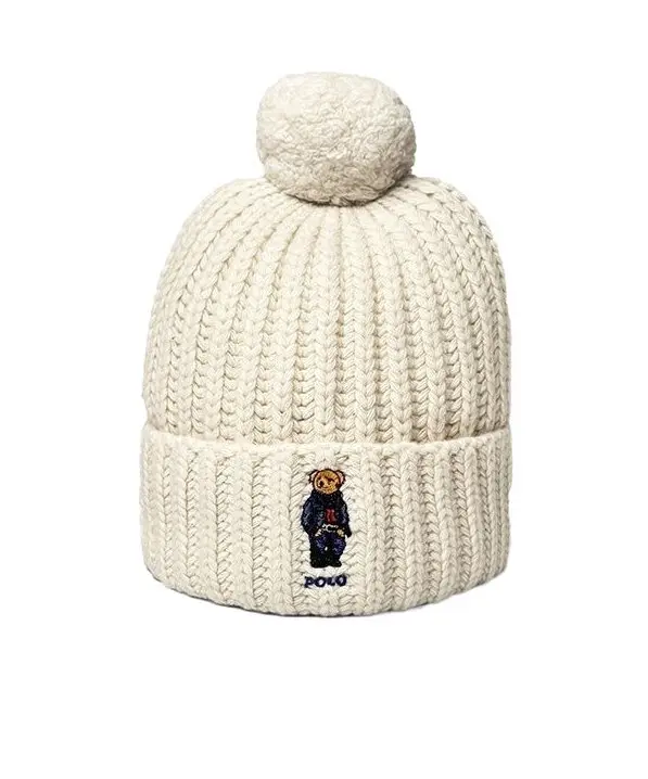 Polo Ralph Lauren Wool Knitted Beanie With Teddy Bear Motif - White