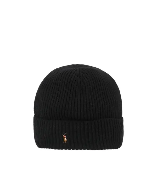 Polo Ralph Lauren Ribbed Knit Hat With Embroidered Logo - Black