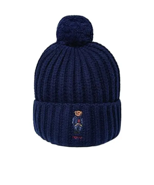 Polo Ralph Lauren Wool Knitted Beanie With Teddy Bear Embroidery - Black