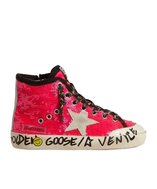 GOLDEN GOOSE Young Francy In Sequins With Ice-gray Suede Star And Animal-print Laces - Red
