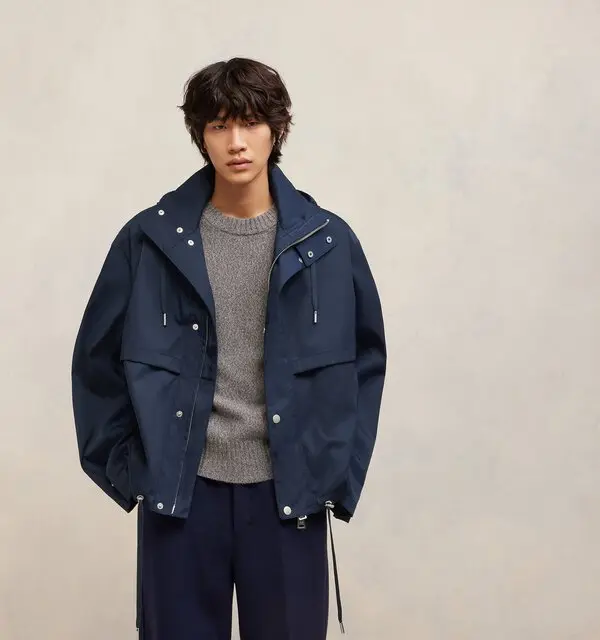 Ami Hooded Lightweight Jacket With Drawstring Detail - Blue