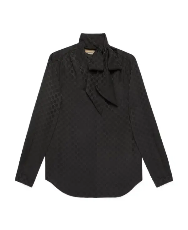 Gucci Embellished Gg Crepe Satin Shirt With Self-tied Bow - Black