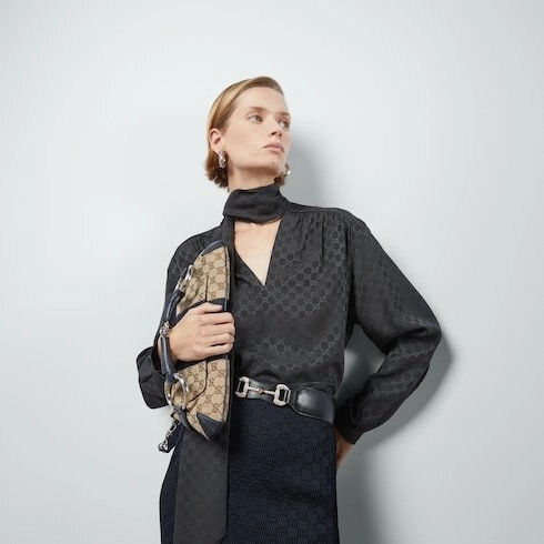 Gucci Embellished Gg Crepe Satin Shirt With Self-tied Bow