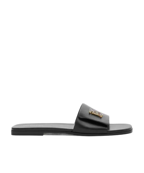 Burberry Tb Logo Plaque Leather Slide Sandals - Black