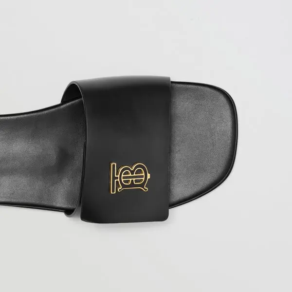 Burberry Tb Logo Plaque Leather Slide Sandals