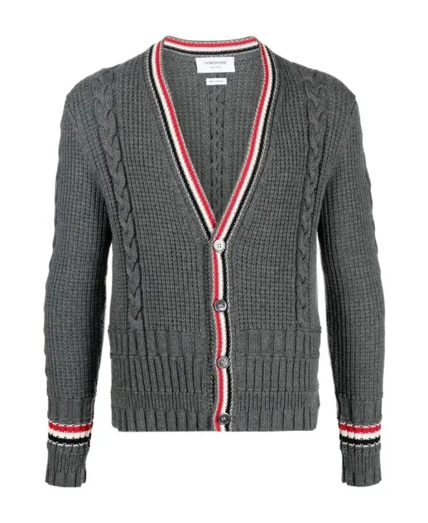 Thom Browne Cable-knit Wool Cardigan With Striped Trim