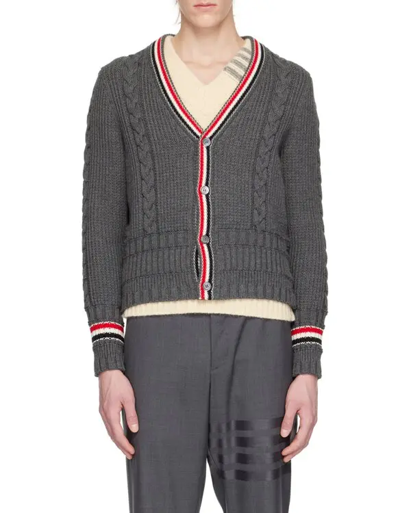 Thom Browne Cable-knit Wool Cardigan With Striped Trim