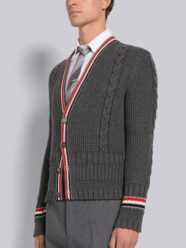 Thom Browne Cable-knit Wool Cardigan With Striped Trim