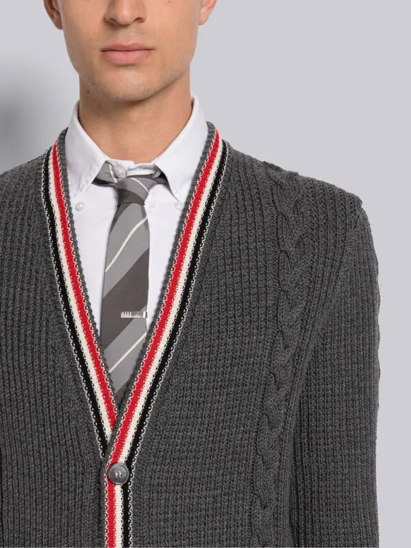 Thom Browne Cable-knit Wool Cardigan With Striped Trim