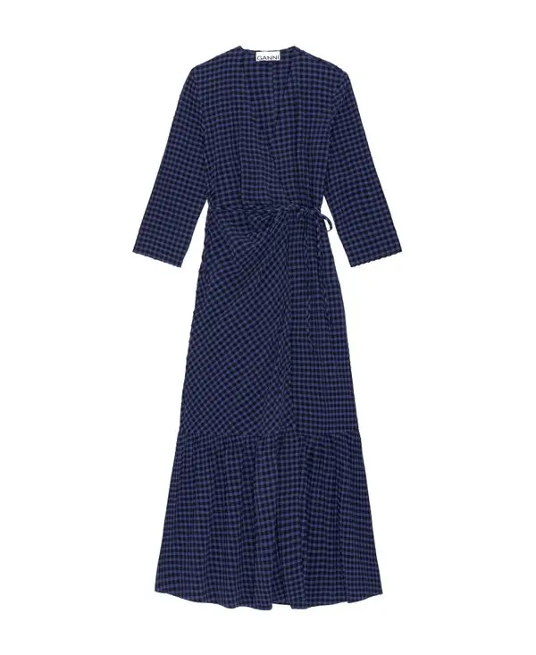 GANNI Seersucker Checkered Midi Wrap Dress