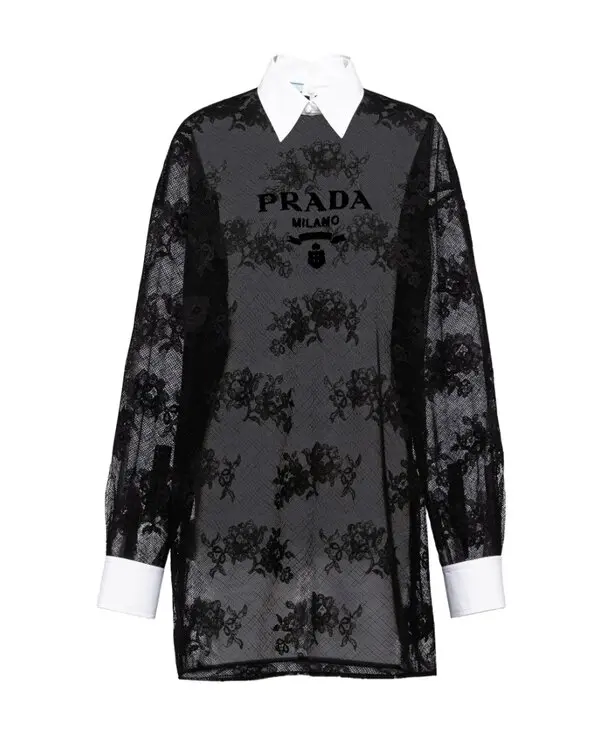 Prada Embroidered Lace And Poplin Mini Dress - Black