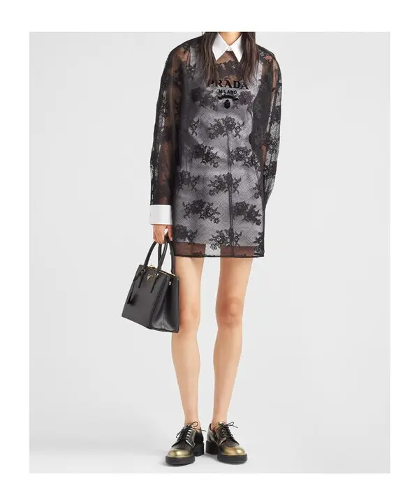 Prada Embroidered Lace And Poplin Mini Dress - Black
